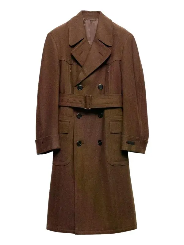 Prada Belted Wool Double-breasted Coat - Brown