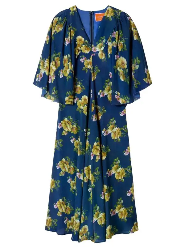 La DoubleJ Floral-print Cape-sleeve Maxi Dress - Blue
