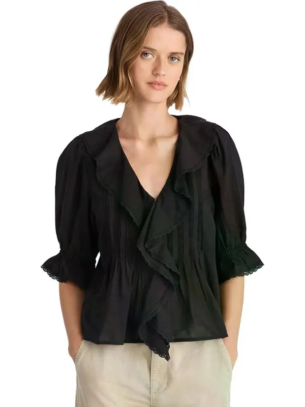 Madewell Pintucked Ruffled Puff-sleeve Top - Jet Black