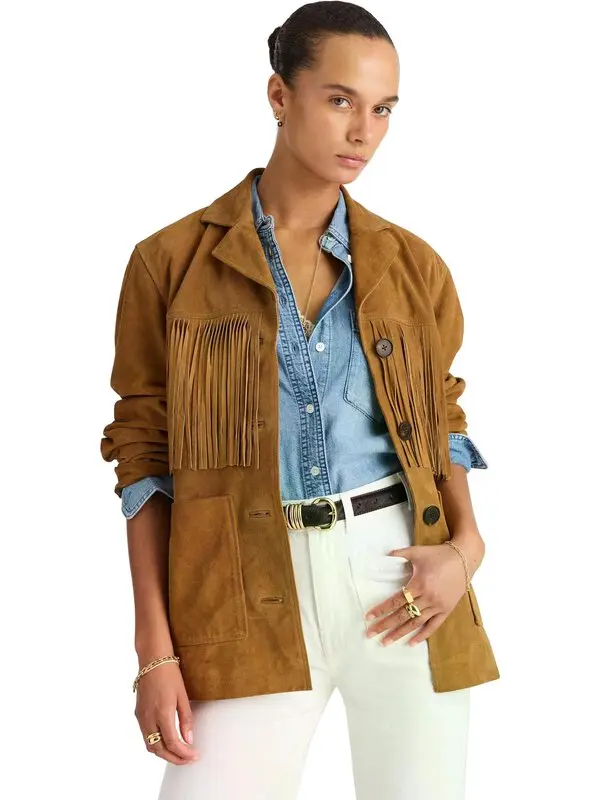 Madewell Fringe Suede Shirt Jacket - Dried Acorn