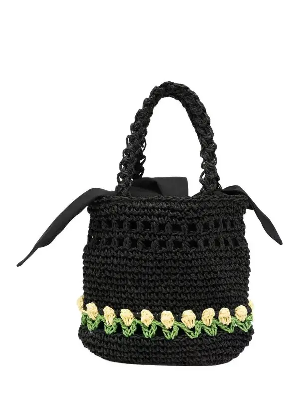 DAMSON MADDER Tulip-patterned Raffia Tote Bag - Black