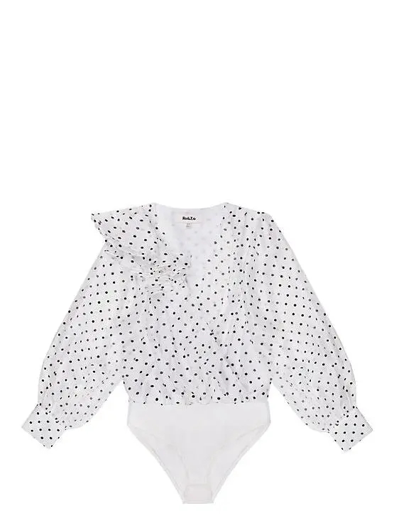 RO&ZO Spotted Ruffled Stretch-woven Bodysuit - White