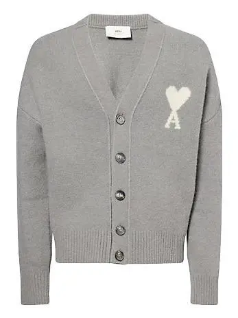 Ami Logo-intarsia Brushed Wool-blend Cardigan - Gris/ecru