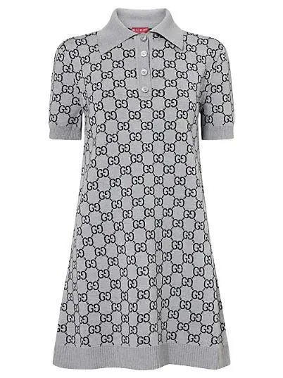 Gucci Monogram V-neck Wool Polo Dress - Smoke Grey Black