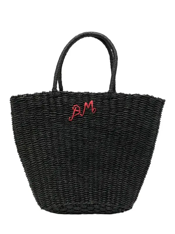 DAMSON MADDER Embroidered Logo Straw Tote - Black