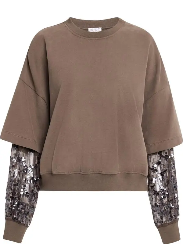 Brunello Cucinelli Knit Top With Sequined Sleeves - C4228 Ebony