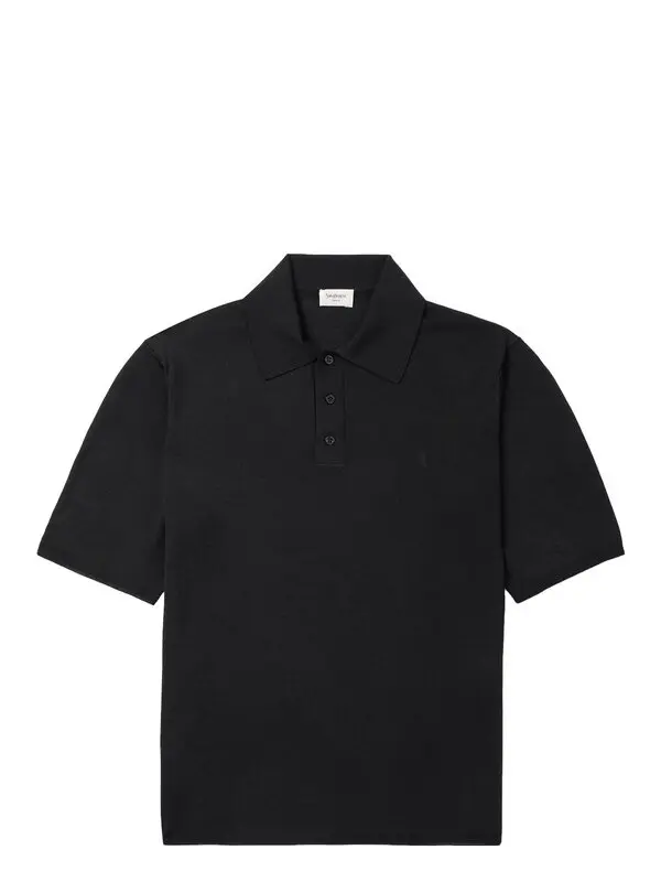 Saint Laurent Cassandre Logo-embroidered Wool Polo Shirt - Black