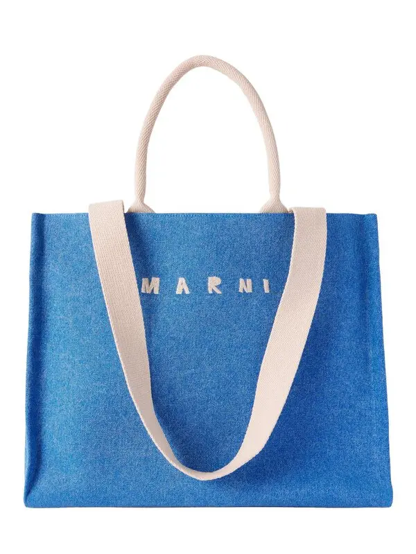 Marni Large East West Logo-embroidered Denim Tote - Blue