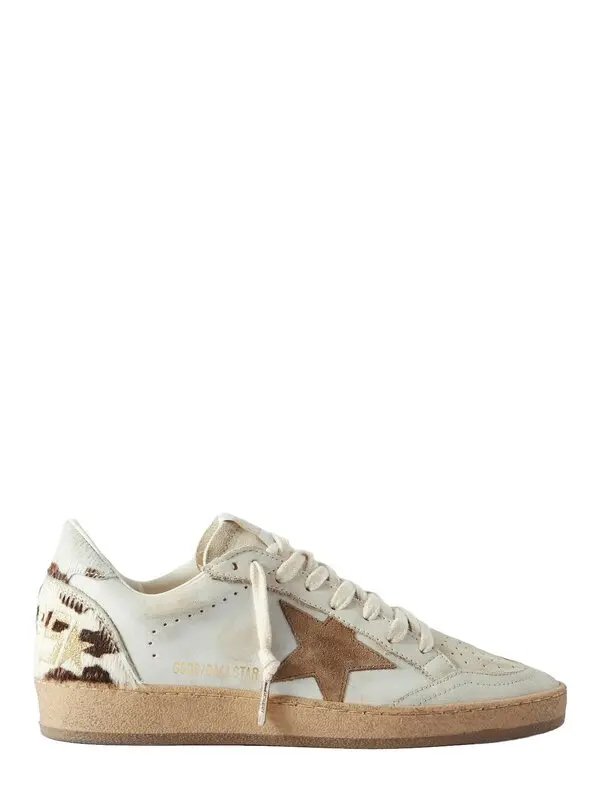 GOLDEN GOOSE Ball Star Calf Hair And Suede-trimmed Distressed Leather Sneakers - White