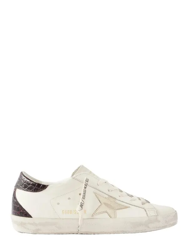 GOLDEN GOOSE Super-star Distressed Metallic And Croc-effect Leather Sneakers - White