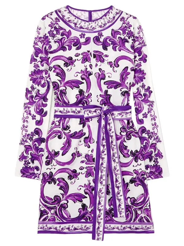 Dolce & Gabbana Belted Printed Silk-blend Voile Mini Dress - Purple
