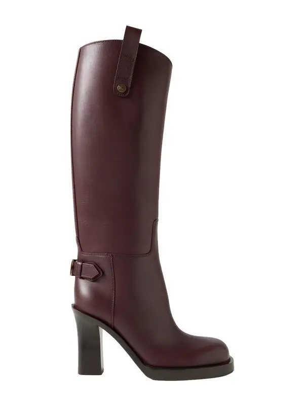 Burberry Buckled Leather Knee High Boots - Burgundy
