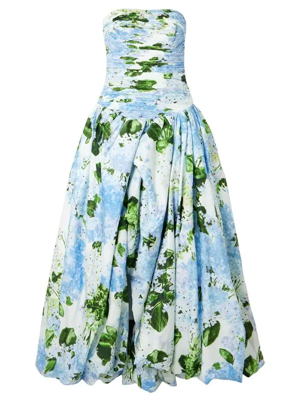 Aje Behold Strapless Ruched Floral-print Cotton-poplin Gown - Blue