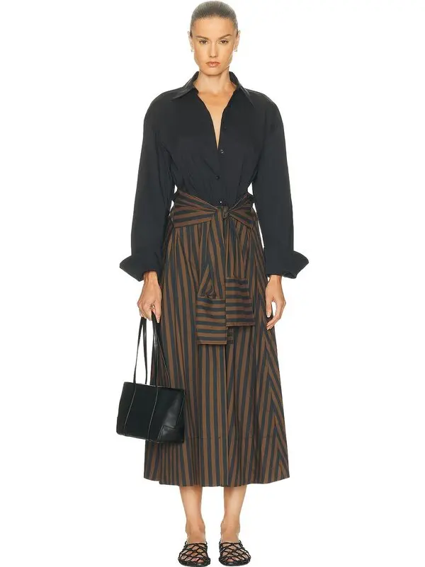 SIMONMILLER Loch Poplin Tie Maxi Dress - Black & Choco Brown Stripe