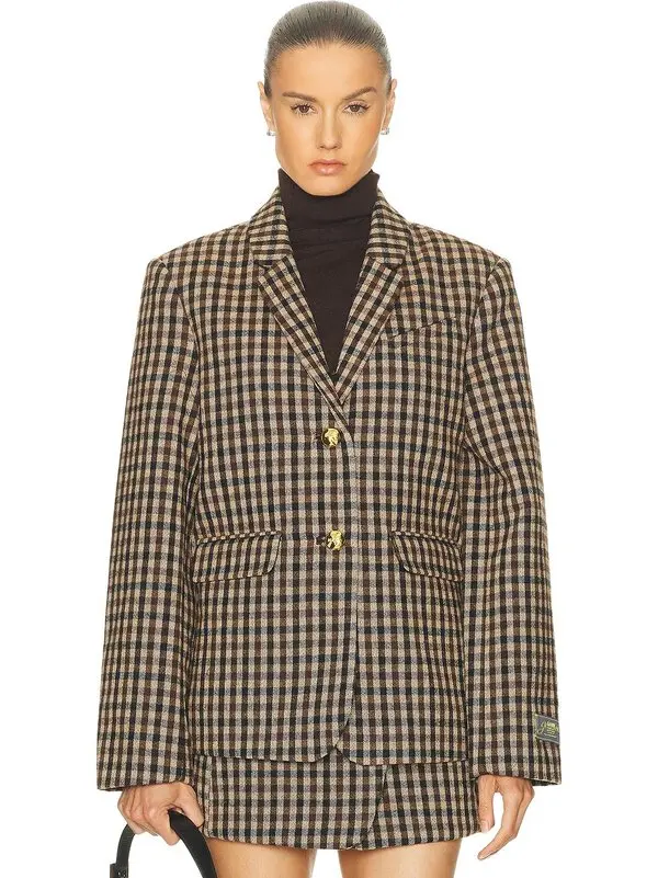 GANNI Check Wool Blazer - Chicory Coffee