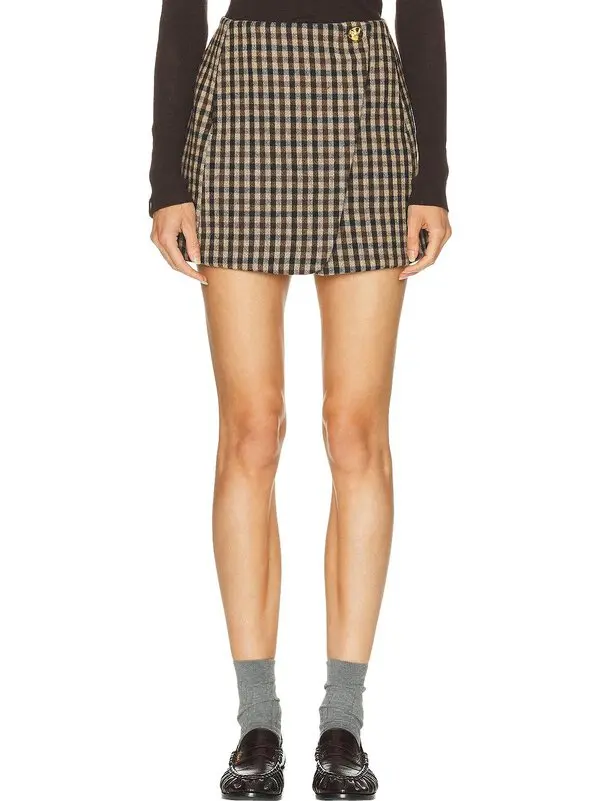 GANNI Check Wool Mini Skirt - Chicory Coffee