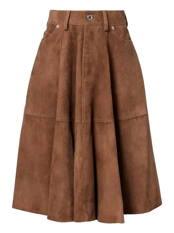 Ami Pleated Suede Midi Skirt - Brown