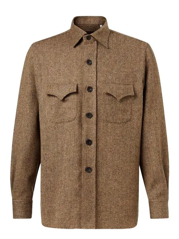 Rubinacci Herringbone Wool Western Shirt - Brown