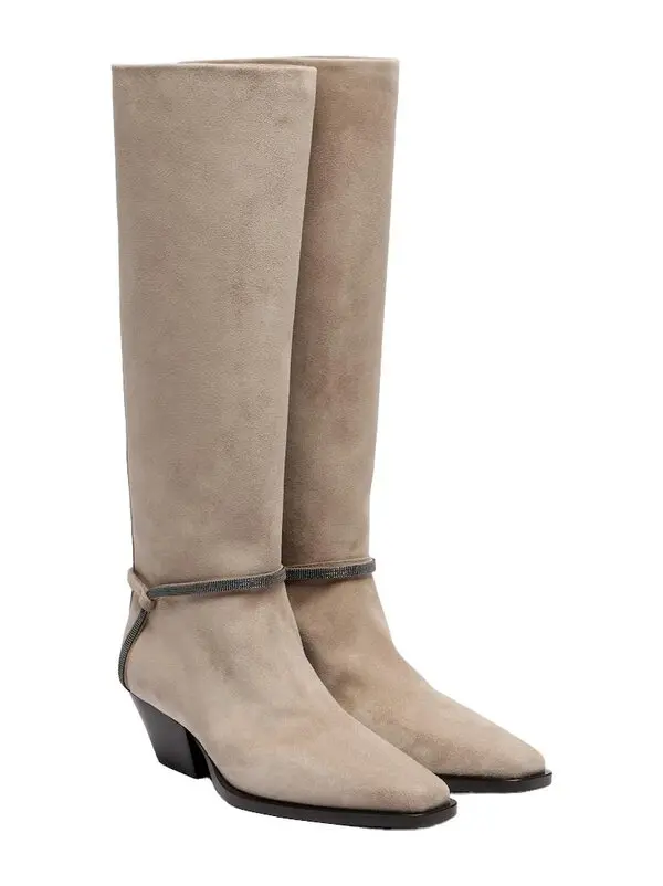 Brunello Cucinelli Monili Suede Knee-high Boots - Grey