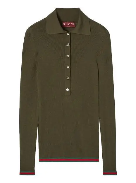 Gucci Cashmere Silk Ribbed Polo Top With Embroidery - Green