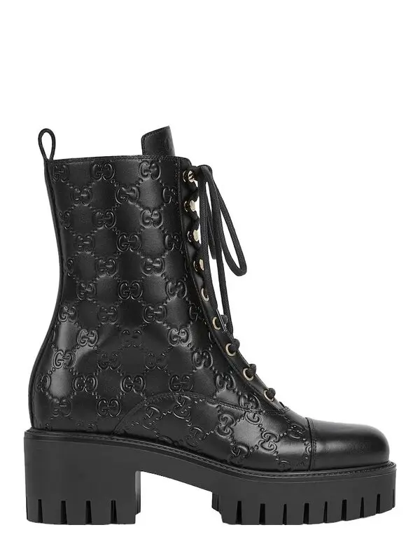 Gucci Gg Leather Lace-up Ankle Boot - Black