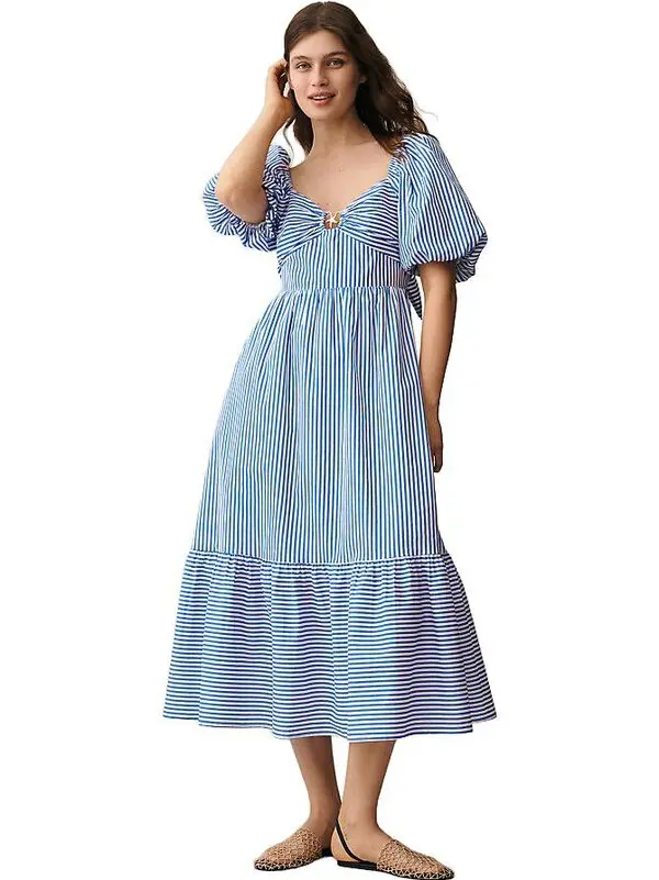 English Factory Puff-sleeve Sweetheart A-line Midi Dress - Blue Pattern
