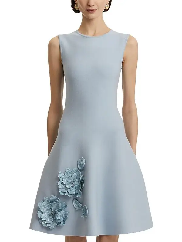 Oscar De La Renta Peony Trim Sleeveless Dress - Light Blue