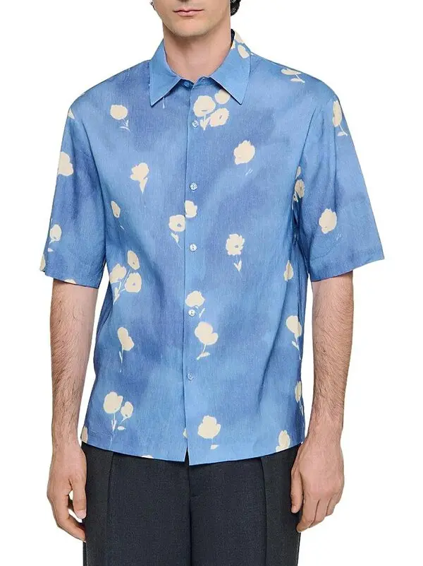 Sandro Water Flower Button Front Shirt - Blue Office