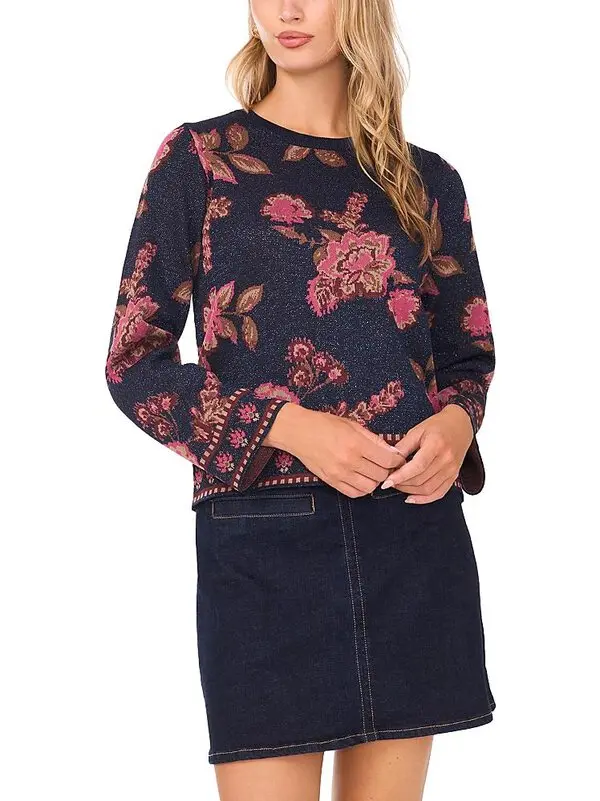 Vince Camuto Floral Jacquard Long Sleeve Crewneck Sweater - Classic Navy