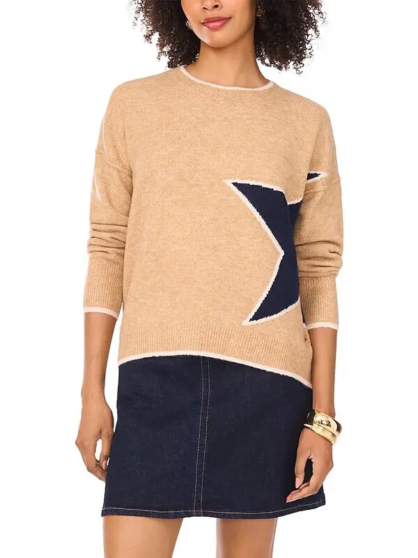 Vince Camuto Star Long Sleeve Crewneck Sweater - Latte Heather