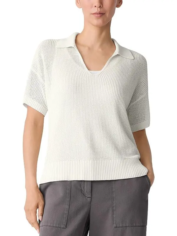 Eileen Fisher Cotton & Silk Split Neck Top - Ivory