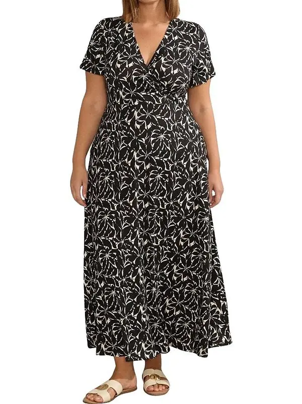 LIVE UNLIMITED Printed Short Sleeve Maxi Wrap Dress - Black