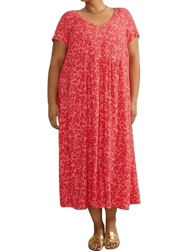 LIVE UNLIMITED Short Sleeve V-neck Midi Dress - Pink