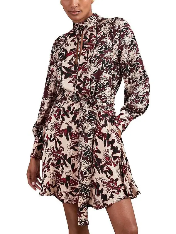 REISS Printed Flippy Dress - Burgundy/cream