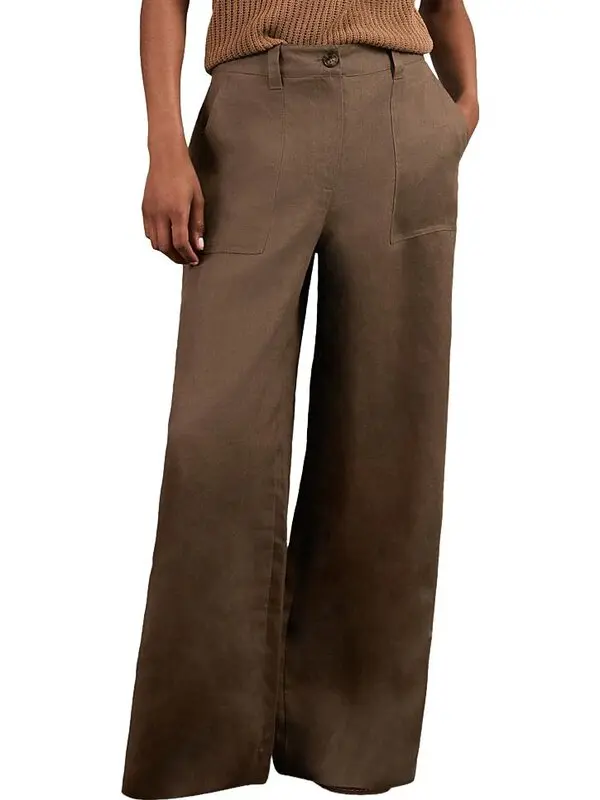REISS Ashby Wide Leg Linen Pants - Chocolate