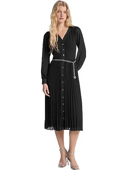 Michael Kors Georgette Belted Pleated Shirtdress - Black
