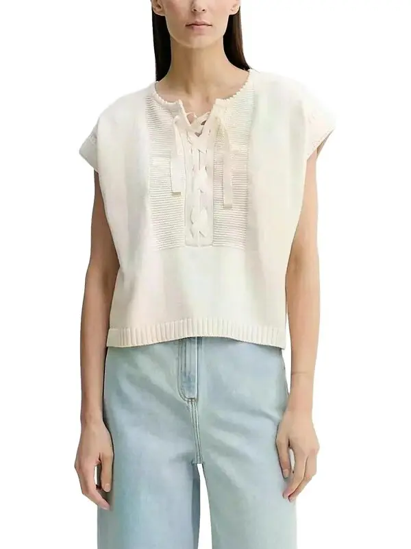 SESSUN Lace-up Cap-sleeve Knit Top - Neutrals