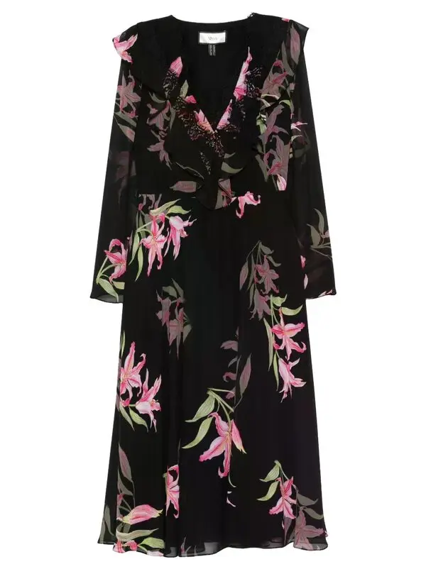 NISSA Floral-print Midi Dress - Black