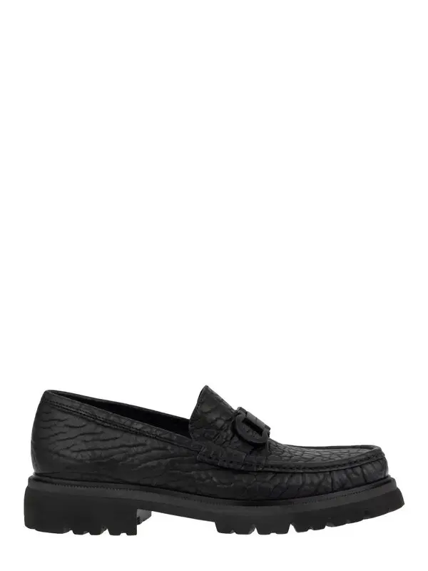 FERRAGAMO Buckle-detail Textured Loafers - Black