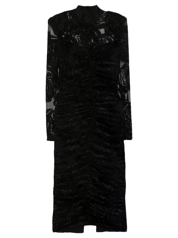 NISSA Rose-print Gathered Midi Dress - Black