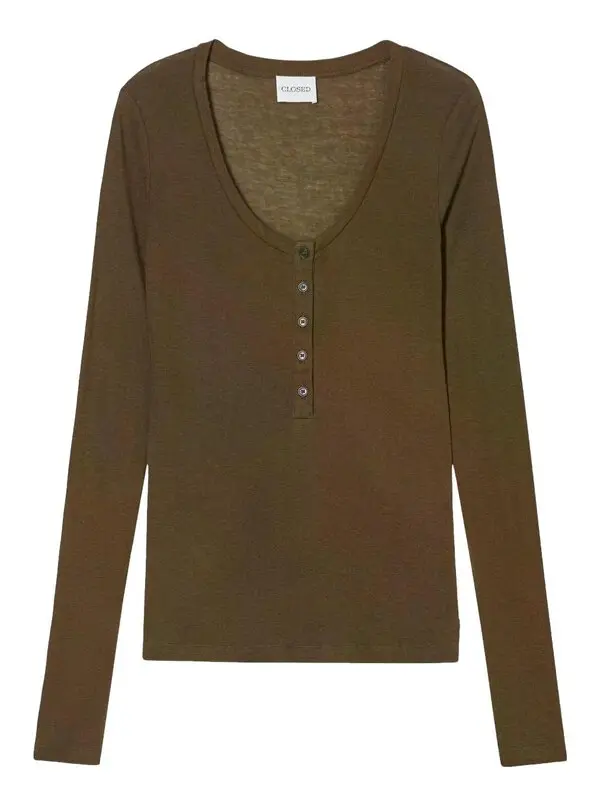 Closed Long-sleeve Henley Top - Green