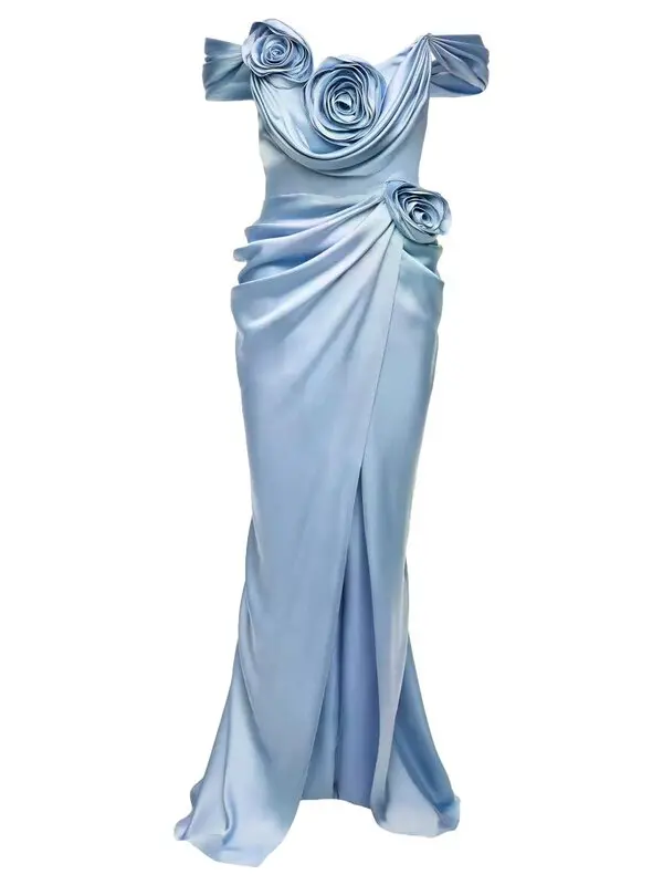 ANA RADU Rose-embellished Satin Maxi Dress - Blue