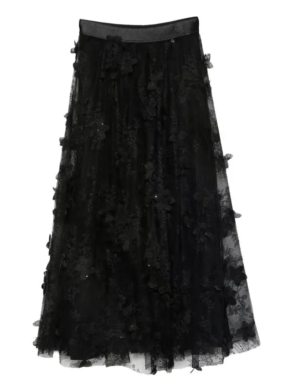NISSA Floral Lace Tiered Midi Skirt - Black