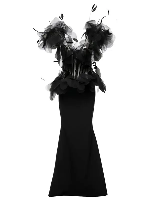 ANA RADU Feather-embellished Corset Maxi Dress - Black