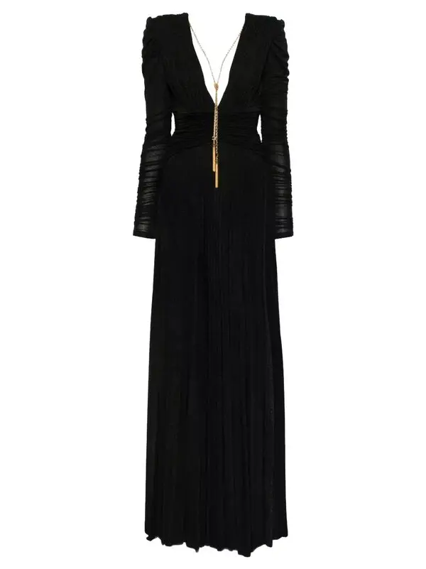 Elisabetta Franchi Pleated Chain-embellished Long Dress - Black