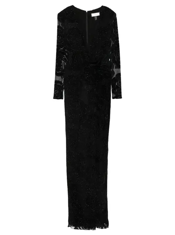 NISSA Rose-print Glitter Maxi Dress - Black