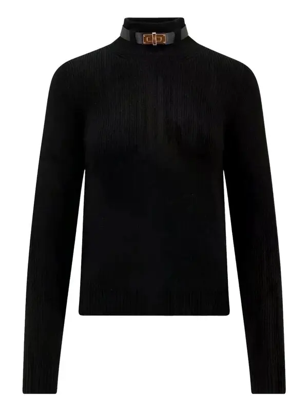 Elisabetta Franchi Ribbed Leather-trimmed Turtleneck Sweater - Black