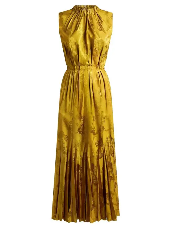 Etro Leaf-jacquard Pleated Dress - Yellow