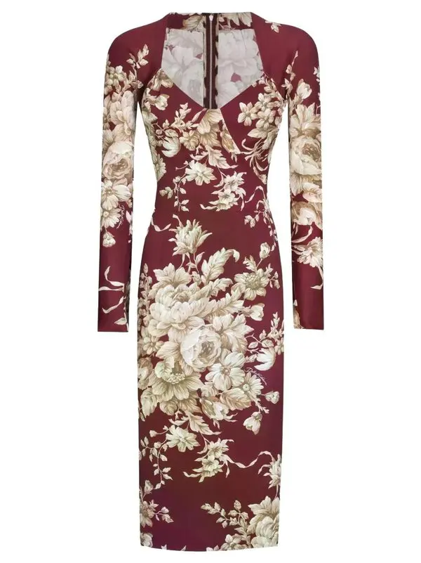 Dolce & Gabbana Floral-print Long-sleeve Midi Dress - Red
