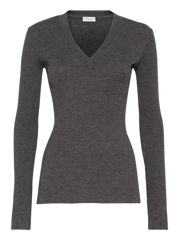 Brunello Cucinelli Ribbed V-neck Sweater - Grey